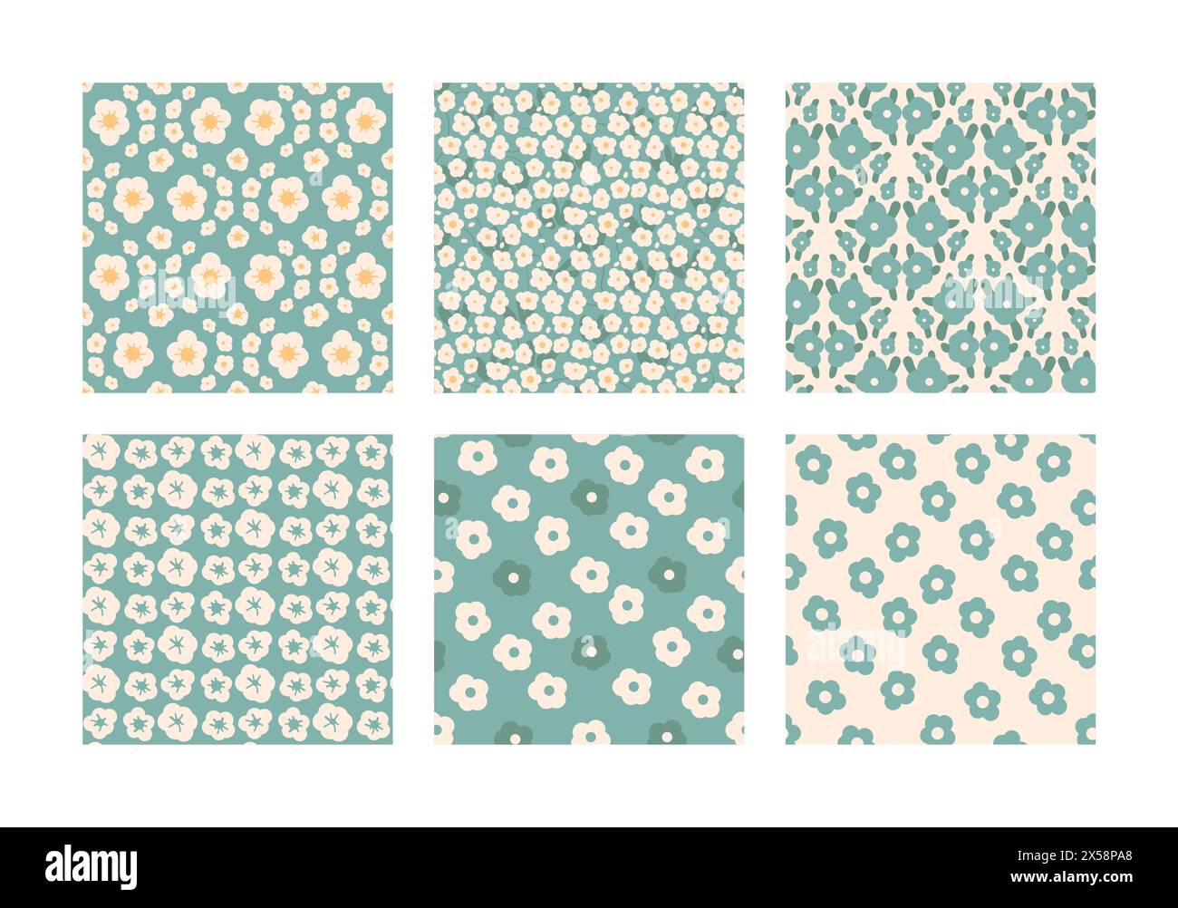 Simple flowers seamless patterns set. Floral endless backgrounds collection. Flower ornament ...