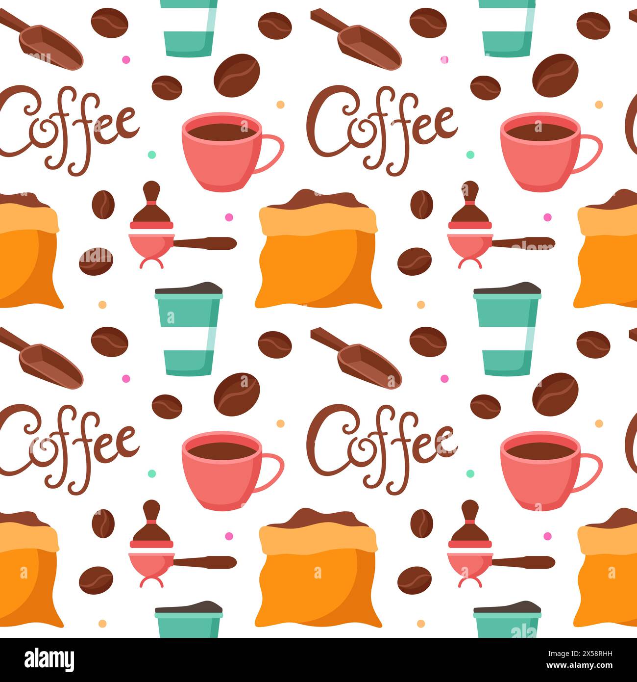Coffee Time Seamless Pattern Design With Cacao Beans, Grains and Jug in ...