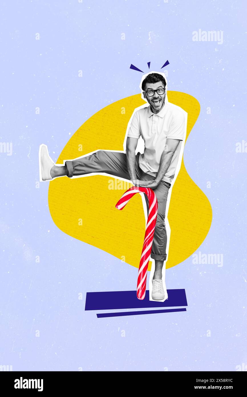 Vertical collage image young dancing crazy man caramel sweet dessert ...