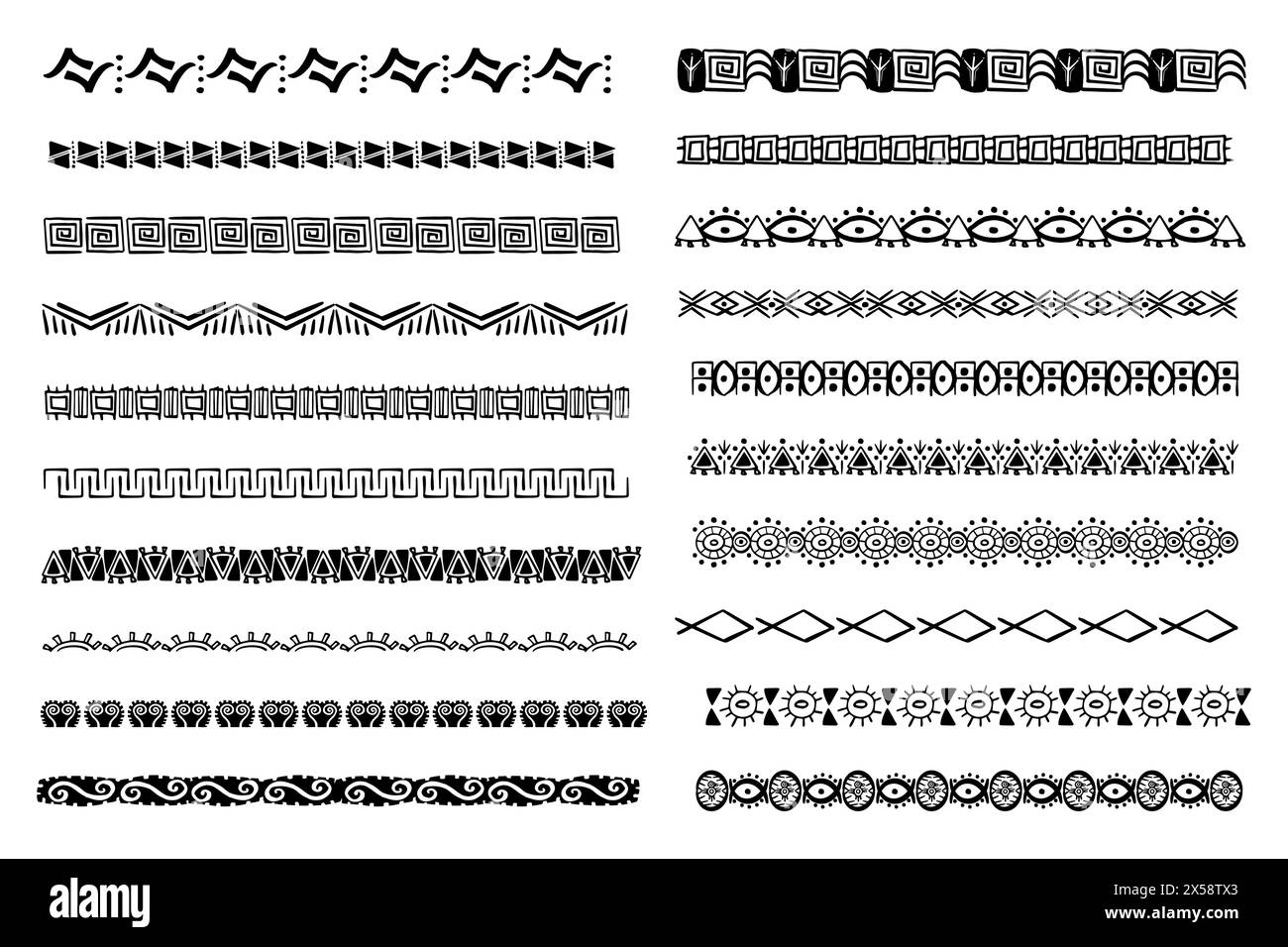 Set aztec tribal motive border in doodle hand drawn style from ...