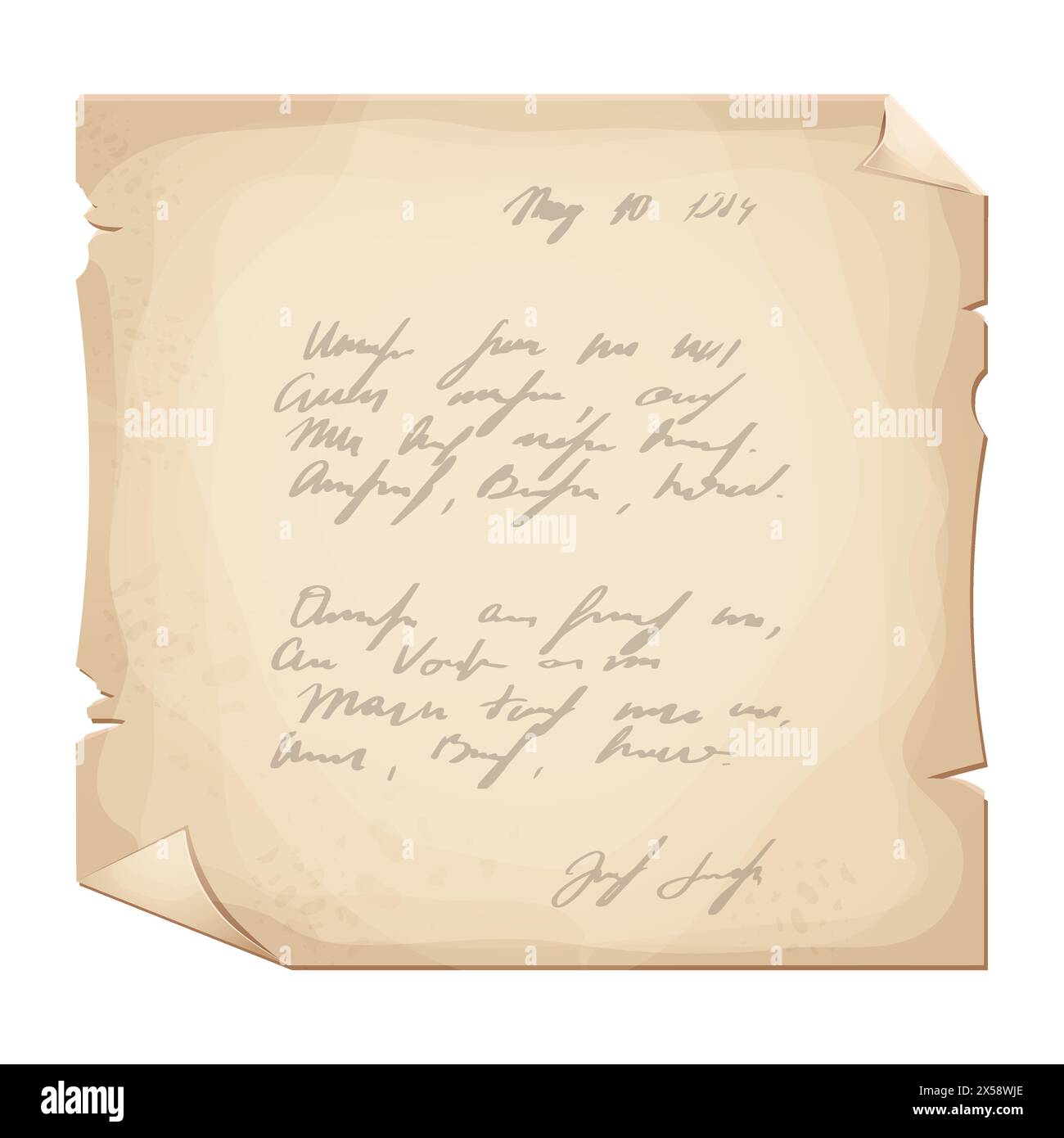 Parchment paper, torn pieces, old sheetwith unreadble scrit in cartoon ...