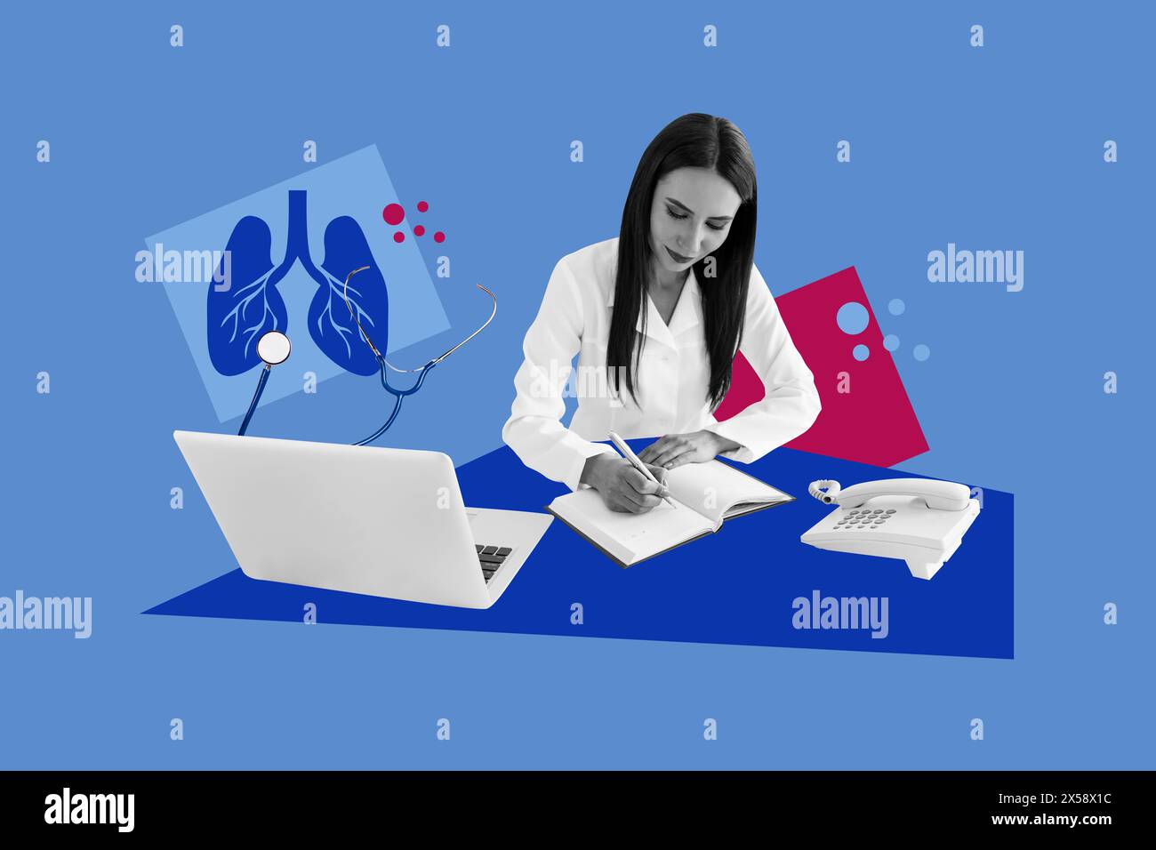 Composite photo collage of serious girl doc examine lungs treatment ...