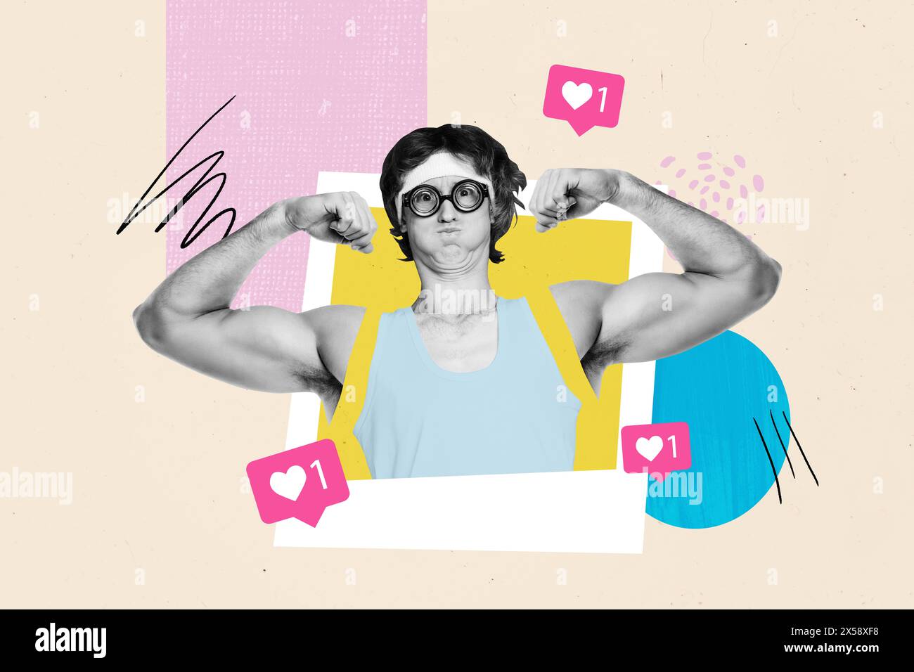 Collage young funny face man bodybuilder showing muscles photo profile ...