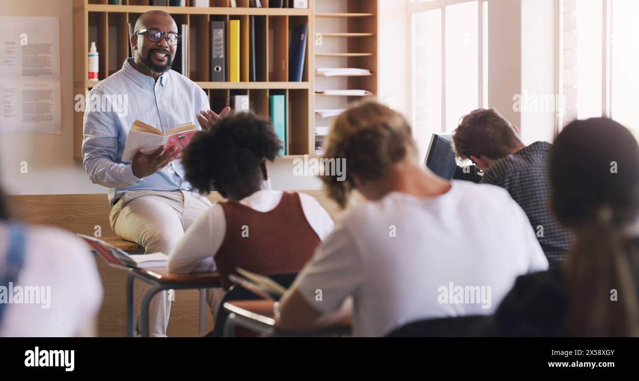 Teacher, presentation and exam with learning, help and support for education and knowledge. Man ...