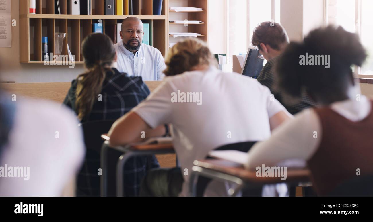Teenagers, test and exam with writing, study and support for education ...