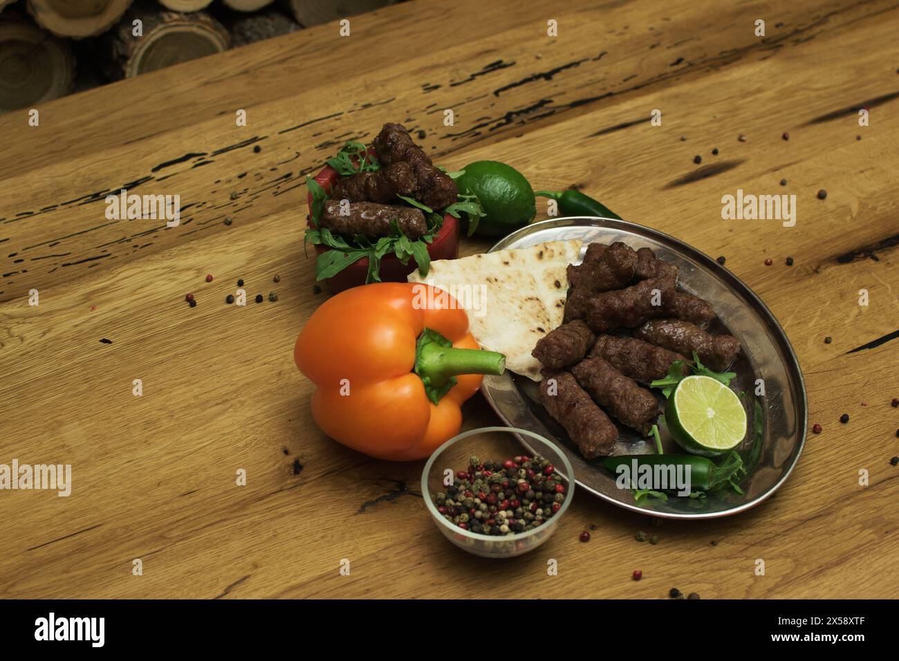 Kebabs - grilled meat, bread and vegetables Stock Photo - Alamy