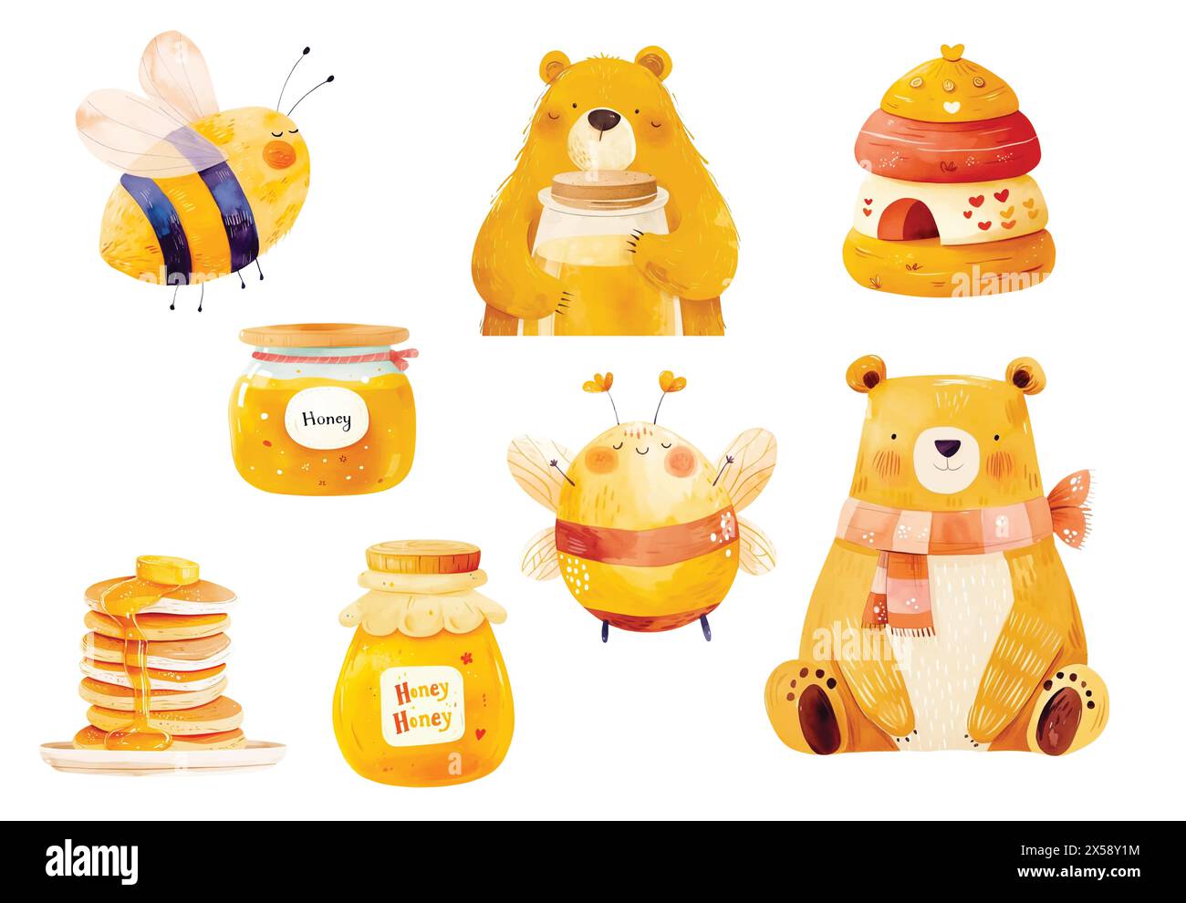 Bees set Cute honey clipart Hand drawn bee honey elements Hive ...