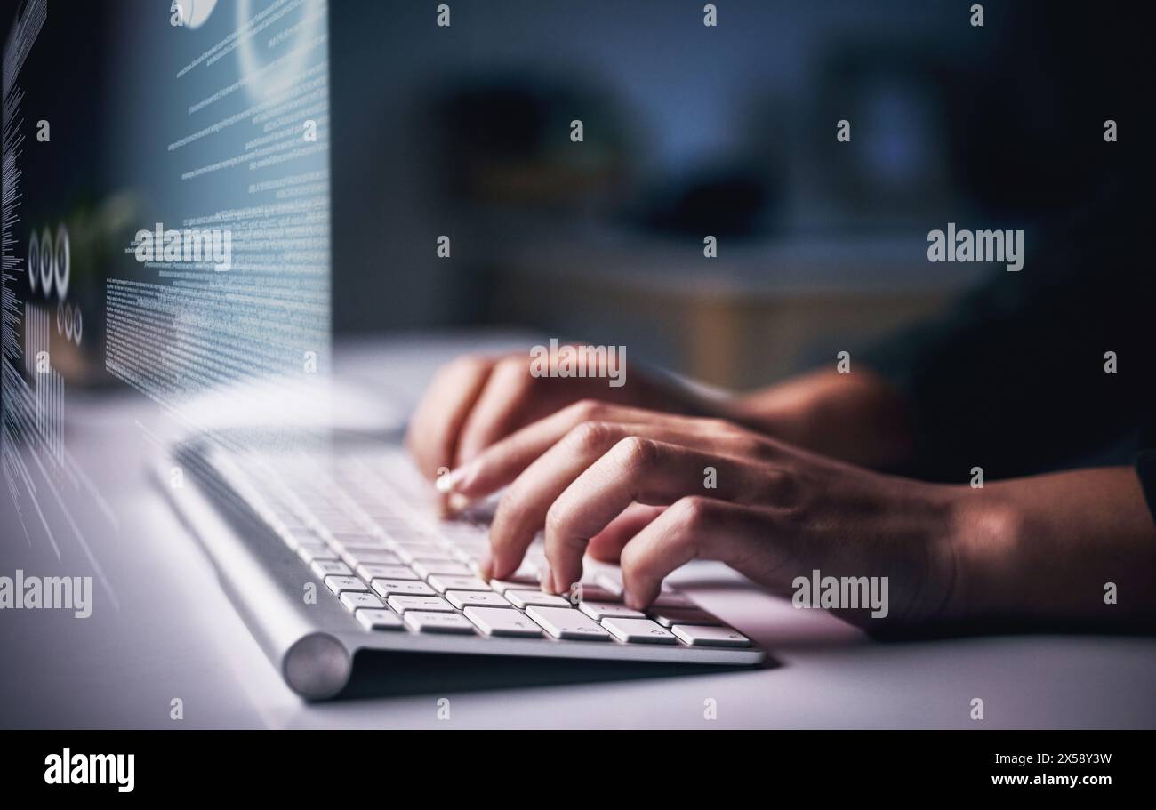 Hands, person and typing on keyboard for research, information and data with system technology ...