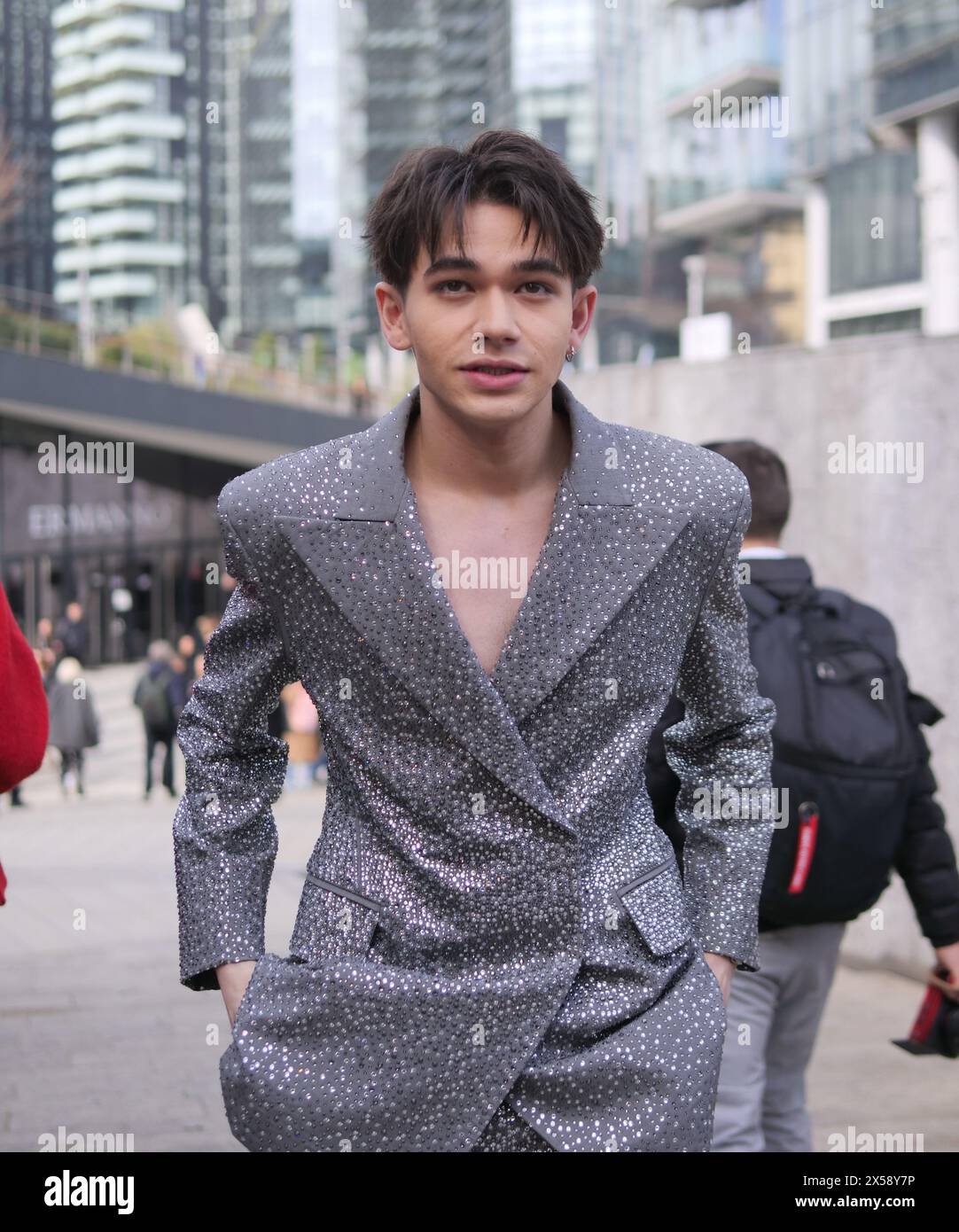 Corean trapper street style outfit before Ermanno Scervino fashion show ...