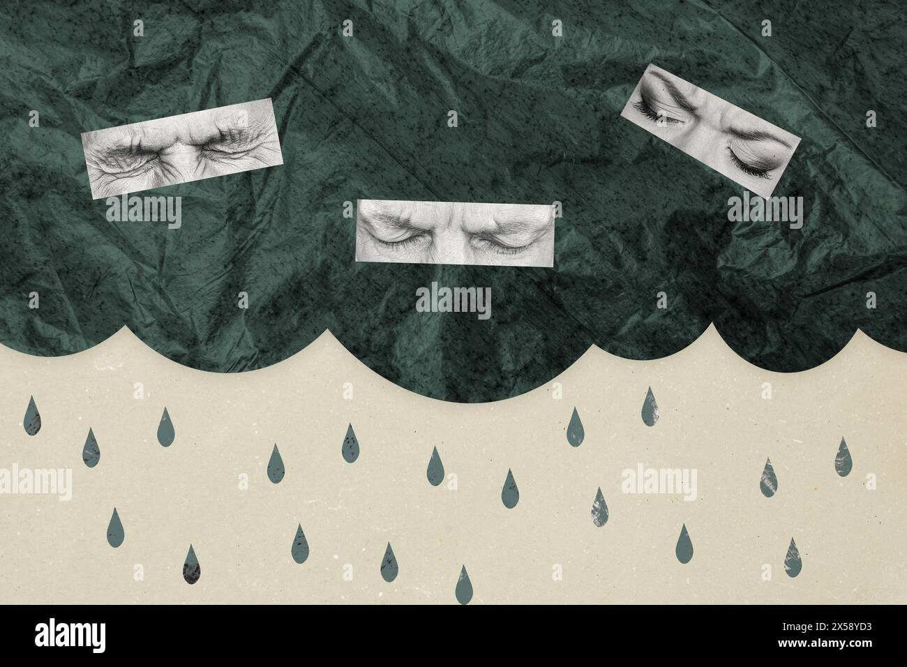 Composite photo collage of upset depressed female male eyes cloud rain ...