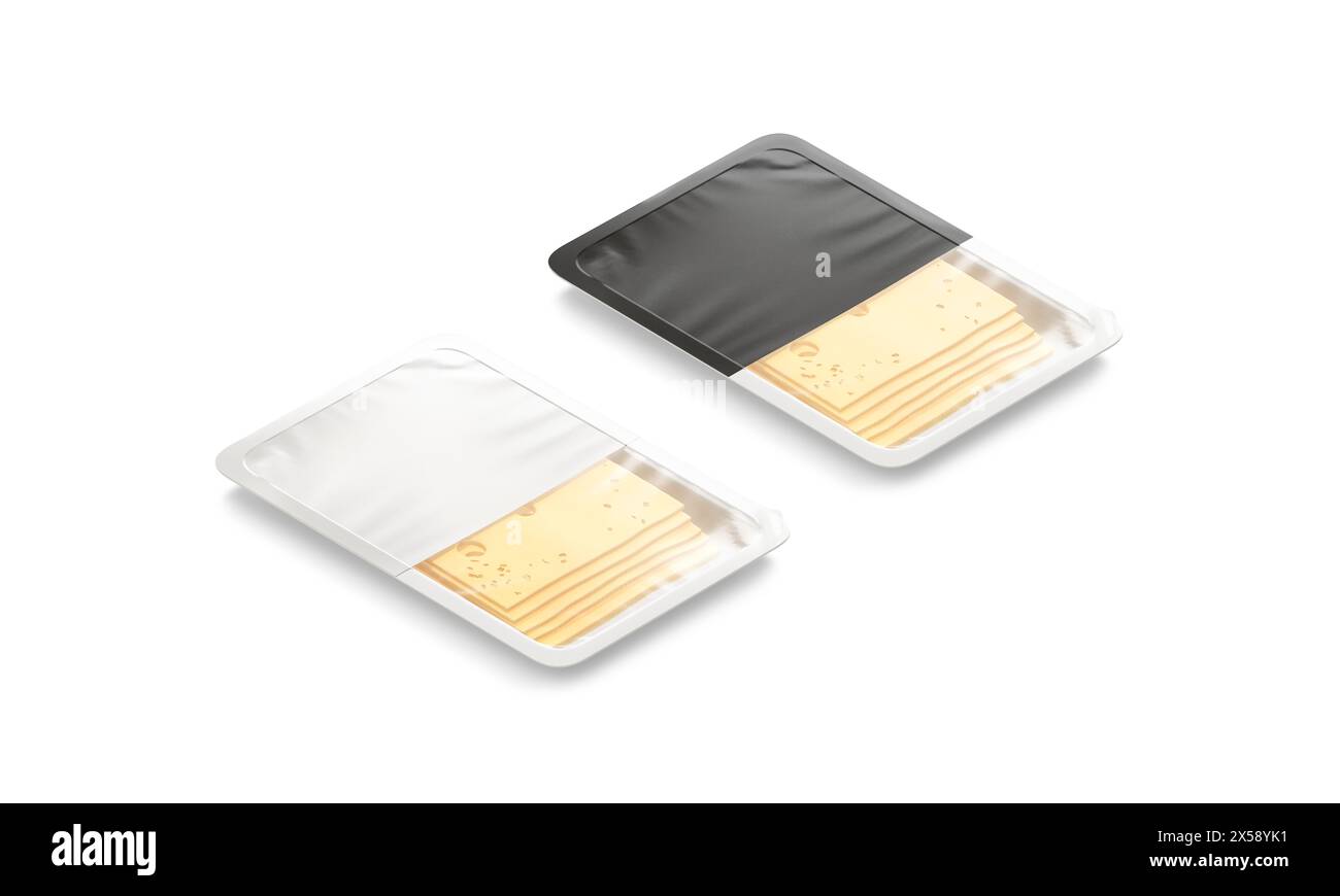 Blank black and white transparent cheese pack mockup, side view, 3d ...
