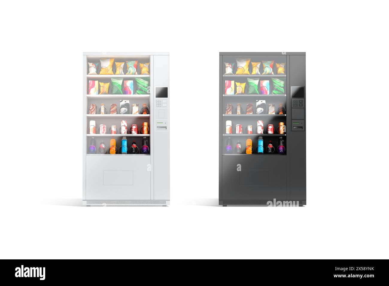 Blank black and white vending machine snacks and drinks mockup, 3d rendering. Empty automated ...