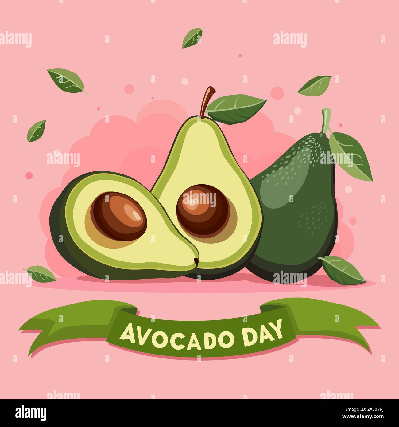 Fresh whole and half cut green avocado with leaves and text. Banner for ...
