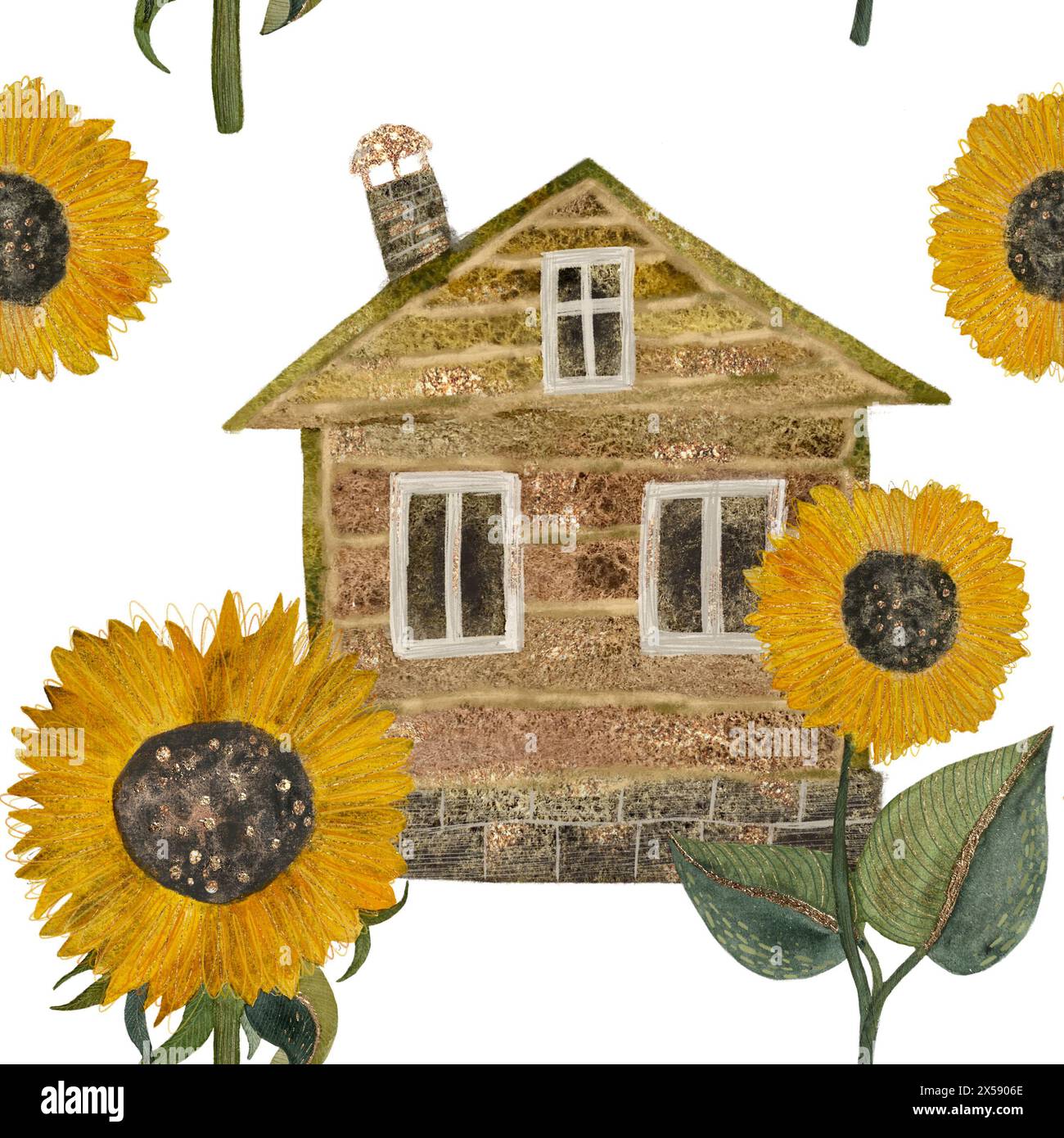 Rustic log house and yellow sunflowers, decorative watercolor seamless ...