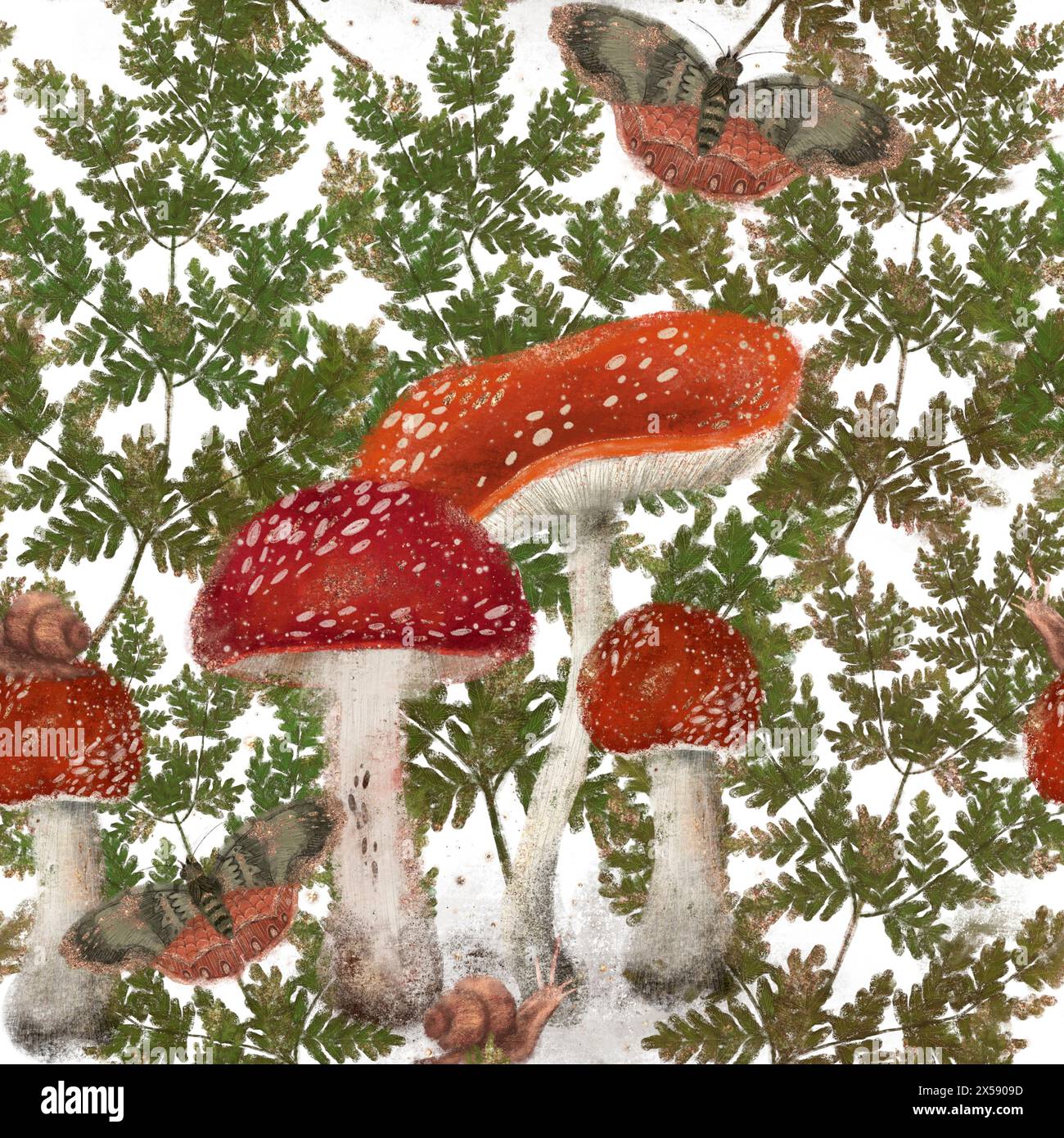 Red fly agarics, forest fern branches, butterflies and snails. Seamless ...