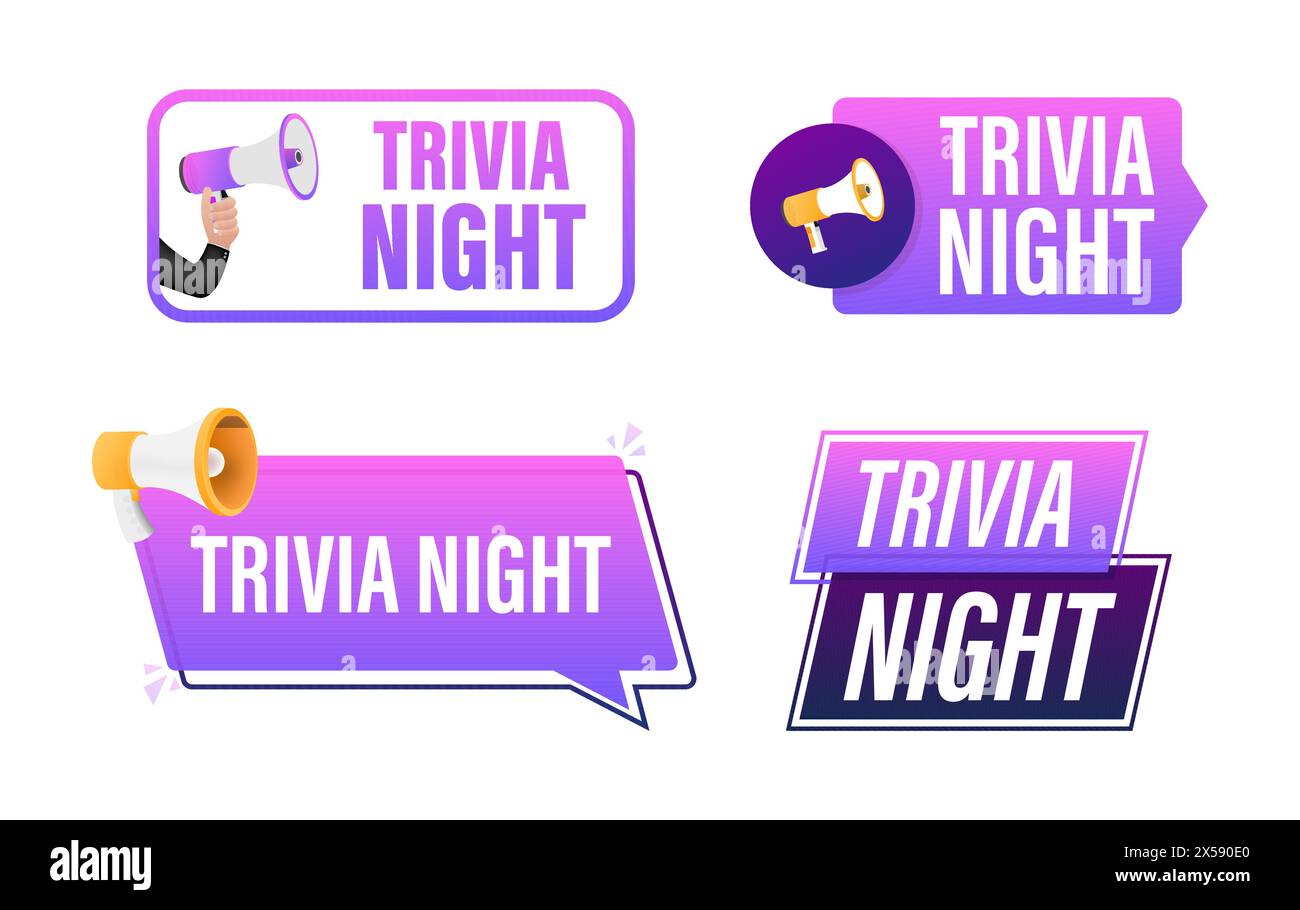 Trivia night text with Megaphone label set. Megaphone in hand promotion ...