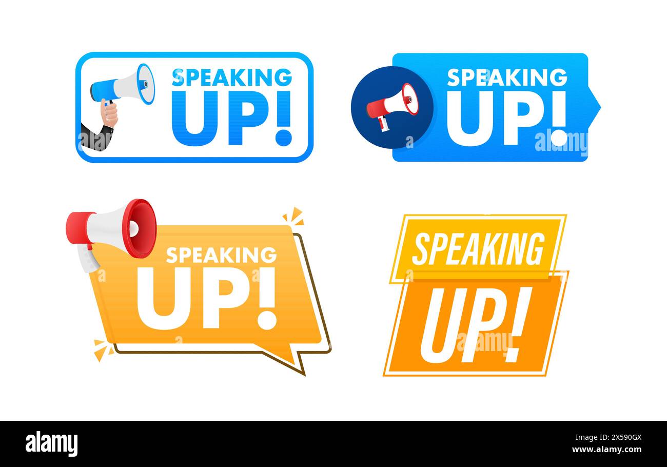 Speak up text with Megaphone label set. Megaphone in hand promotion ...