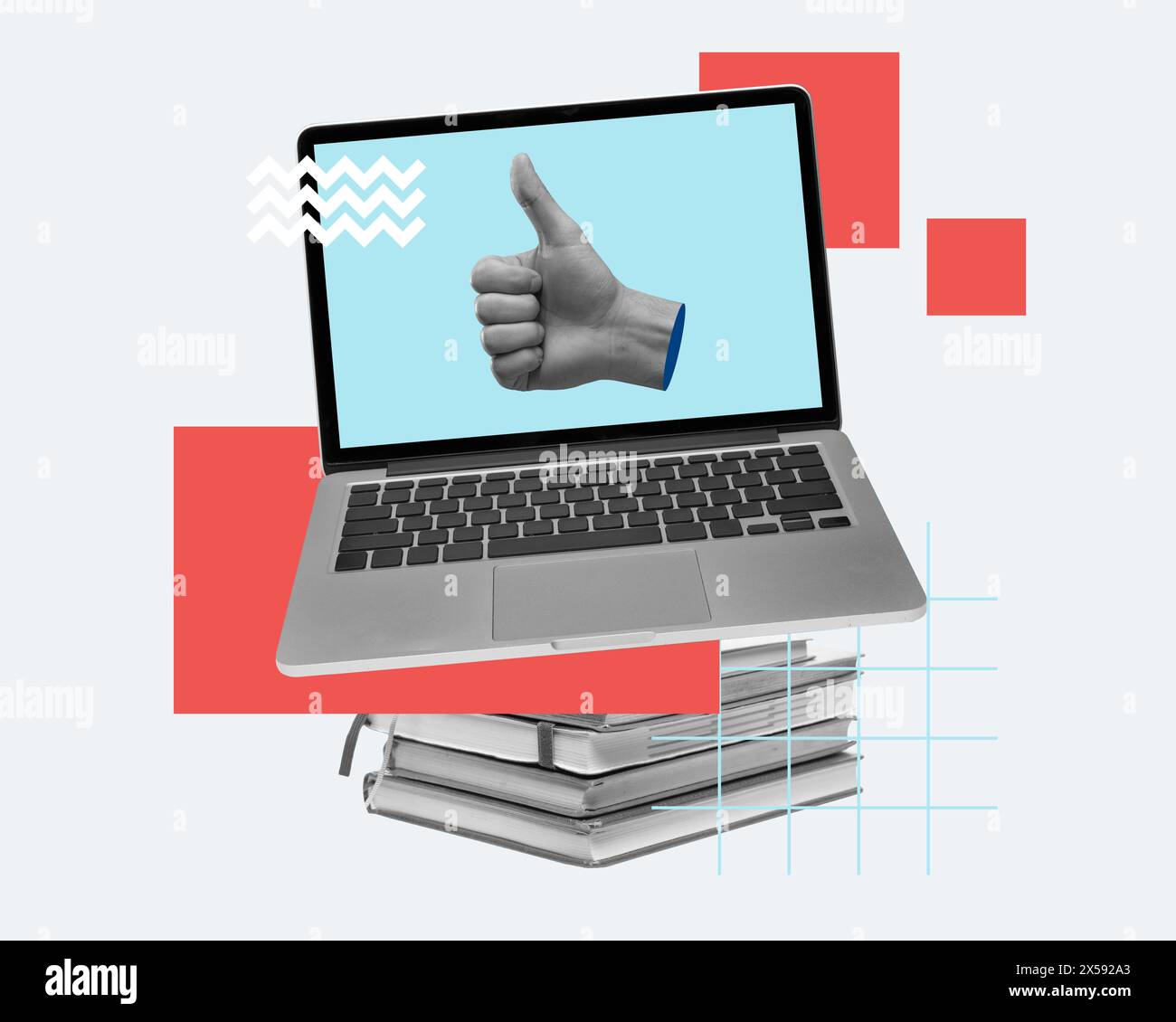 Poster. Contemporary art collage. Laptop computer sitting on stack of ...