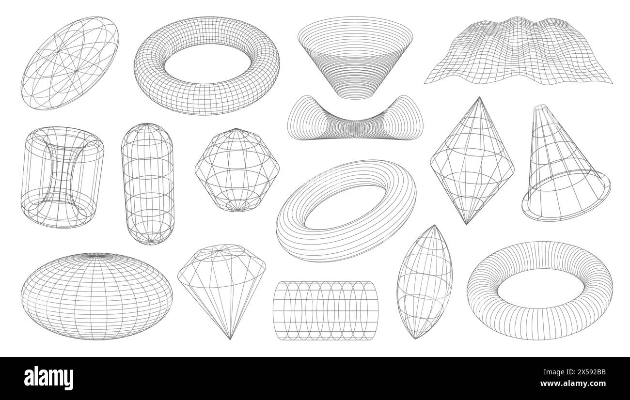3d Wireframe Shapes Brutal And Tech Grids In Retro Perspective Mesh Vector Elements Abstract