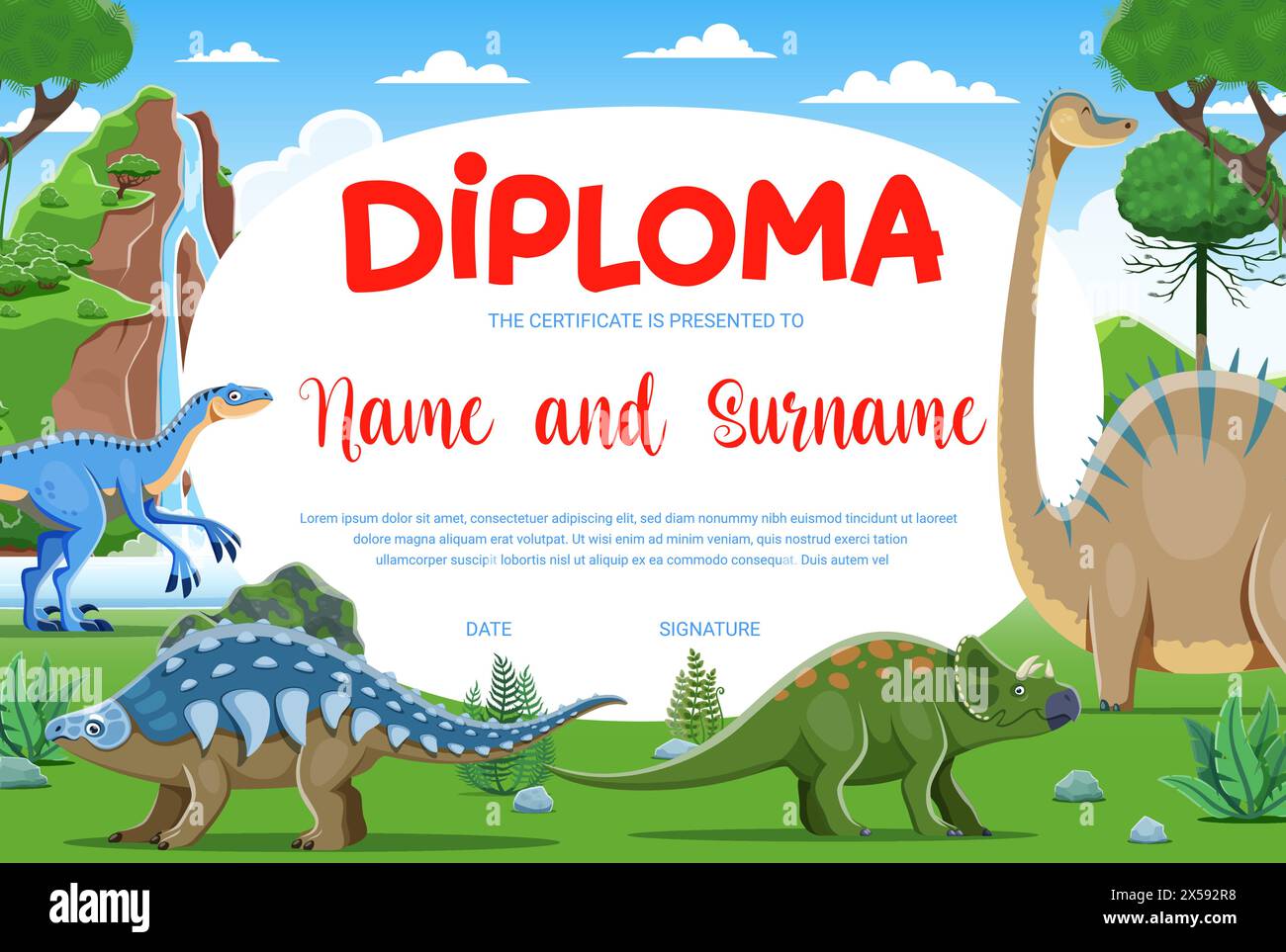 Kids diploma, Jurassic era cartoon dinosaur characters. Vector ...