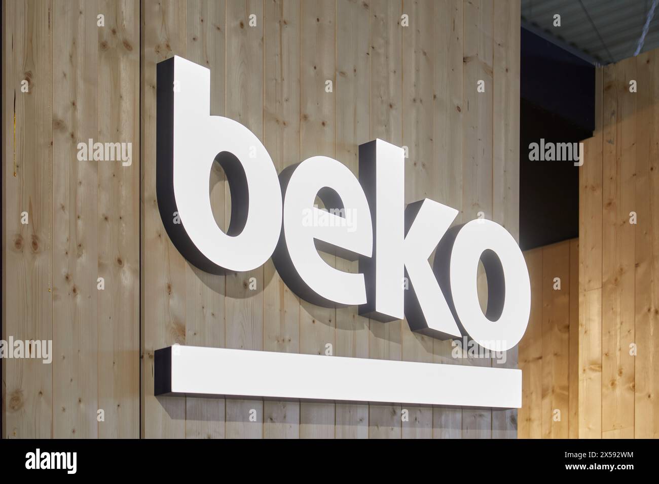 MILAN, ITALY - APRIL 16, 2024: Beko sign at Salone del Mobile during ...