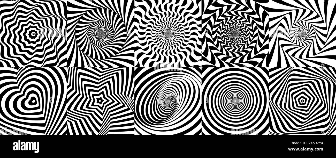 Hypnotic spiral pattern and psychedelic hypnosis swirls, vector backgrounds. Abstract optical ...