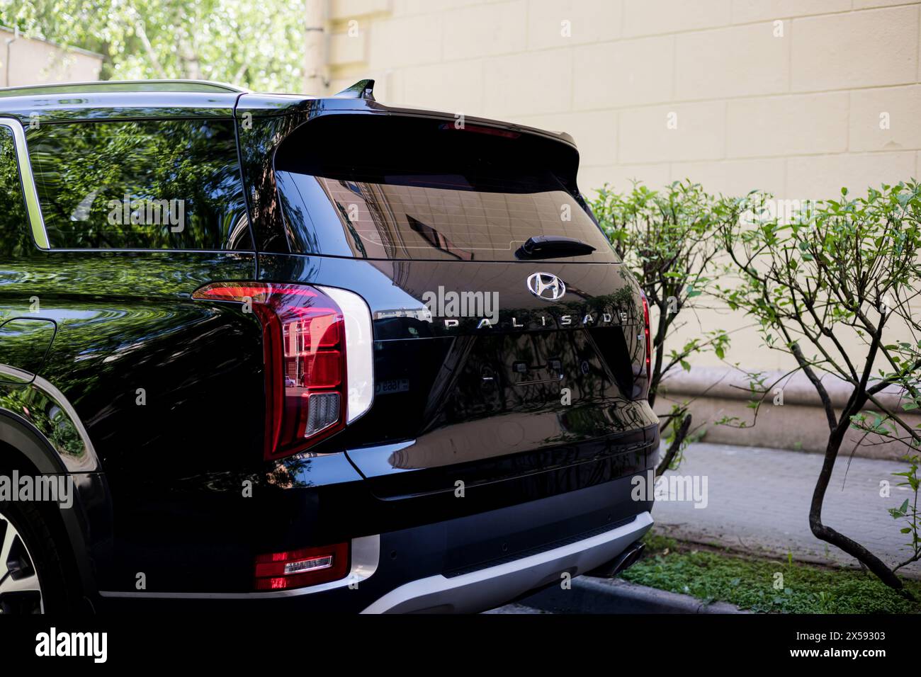 Minsk, Belarus, May 8, 2024 - rear view of the black Hyunday Palisade ...