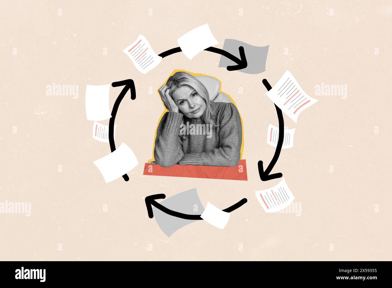 Creative picture mature woman overloaded paperwork documents ...