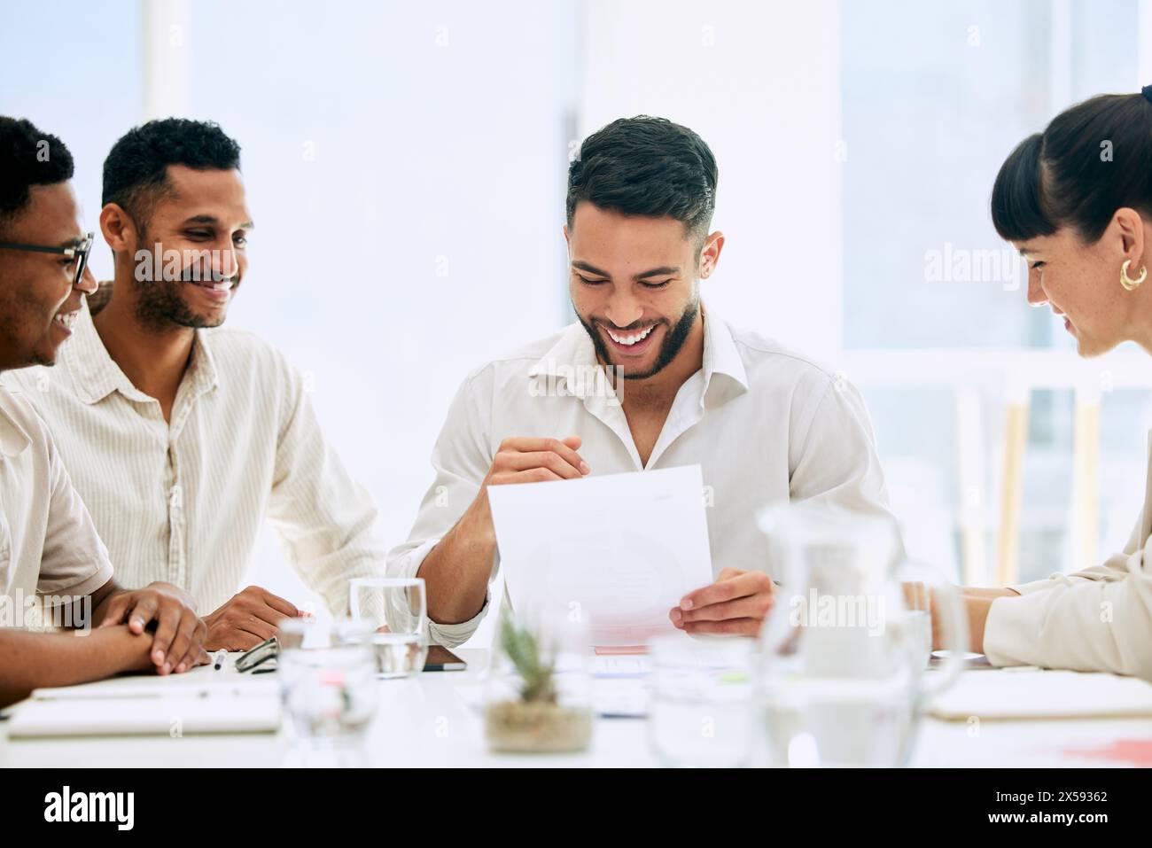 Team meeting, paperwork and happy business people in discussion for ...