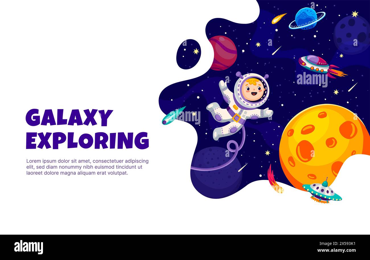 Kid astronaut in outer space, galaxy landscape with UFO, spaceship and ...