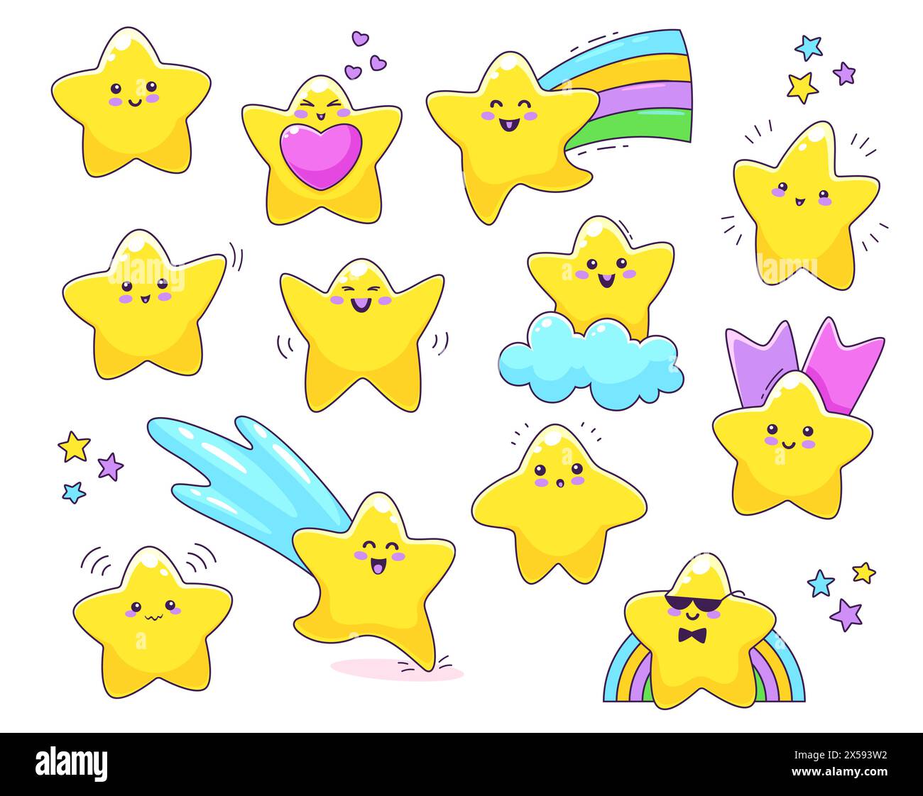 Cartoon cute funny kawaii stars and twinkle characters in the sky with ...