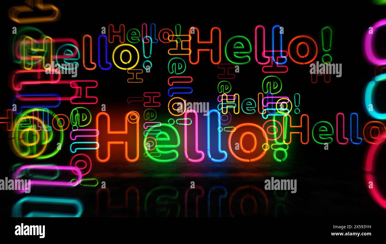 Hello neon symbol. Happy welcome light color bulbs. Abstract concept 3d ...