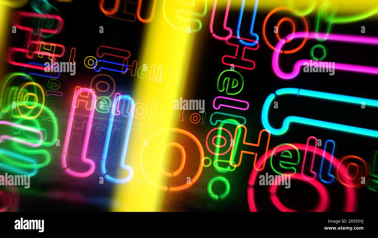 Hello neon symbol. Happy welcome light color bulbs. Abstract concept 3d ...