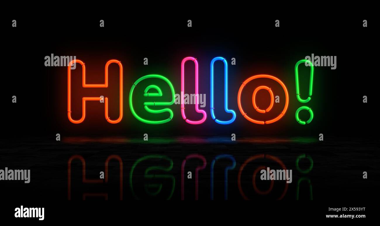 Hello neon symbol. Happy welcome light color bulbs. Abstract concept 3d ...