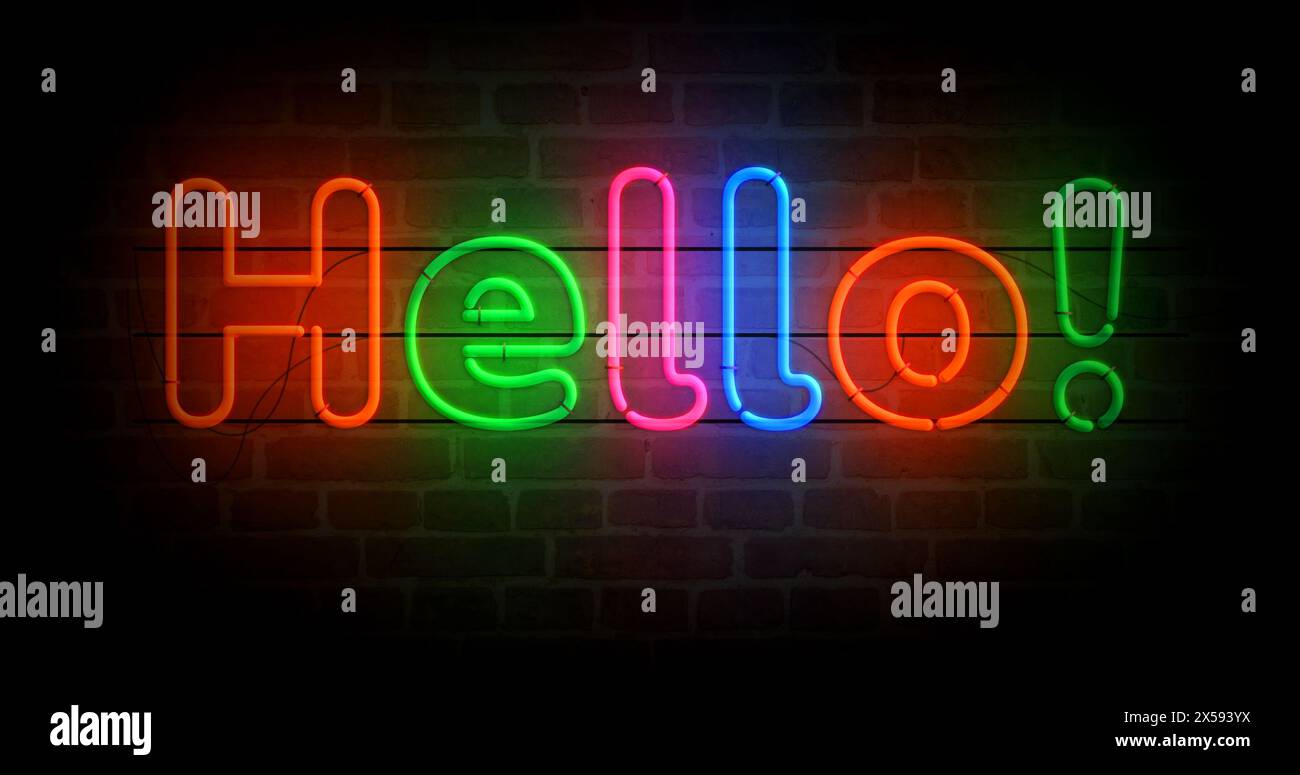 Hello neon symbol. Happy welcome light color bulbs. Abstract concept 3d ...