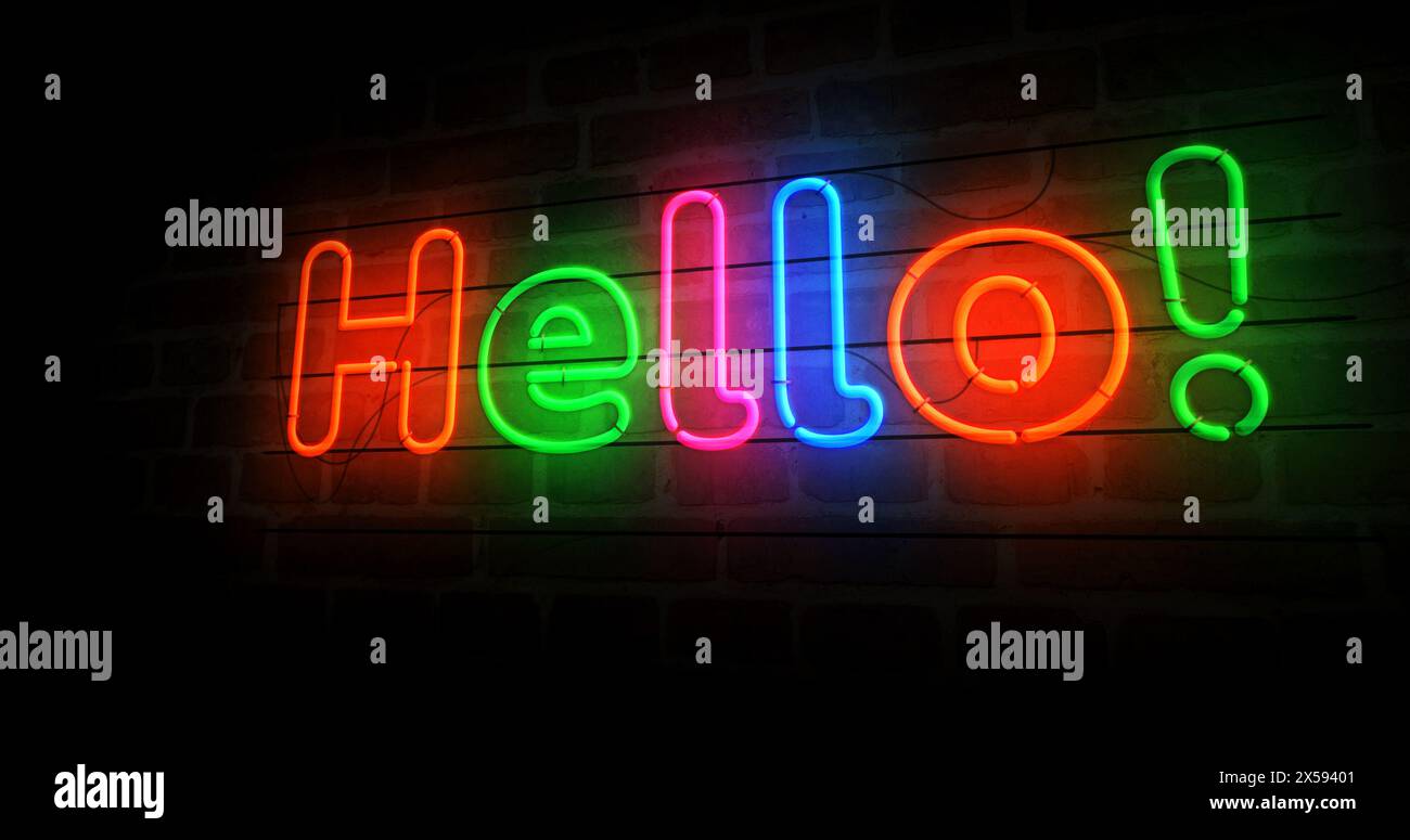 Hello neon symbol. Happy welcome light color bulbs. Abstract concept 3d ...