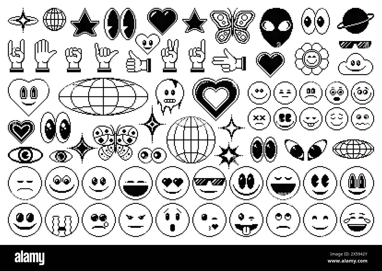 8 bit pixel y2k icons and emoji. Isolated monochrome vector 8bit ...