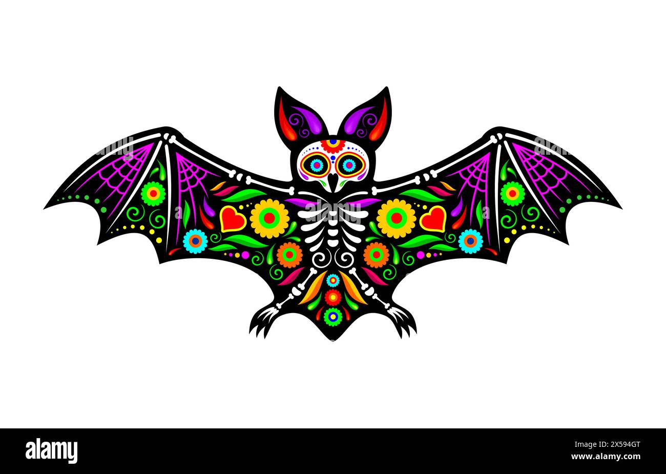 Mexican bat animal tattoo day of the dead sugar skull. Vector ...