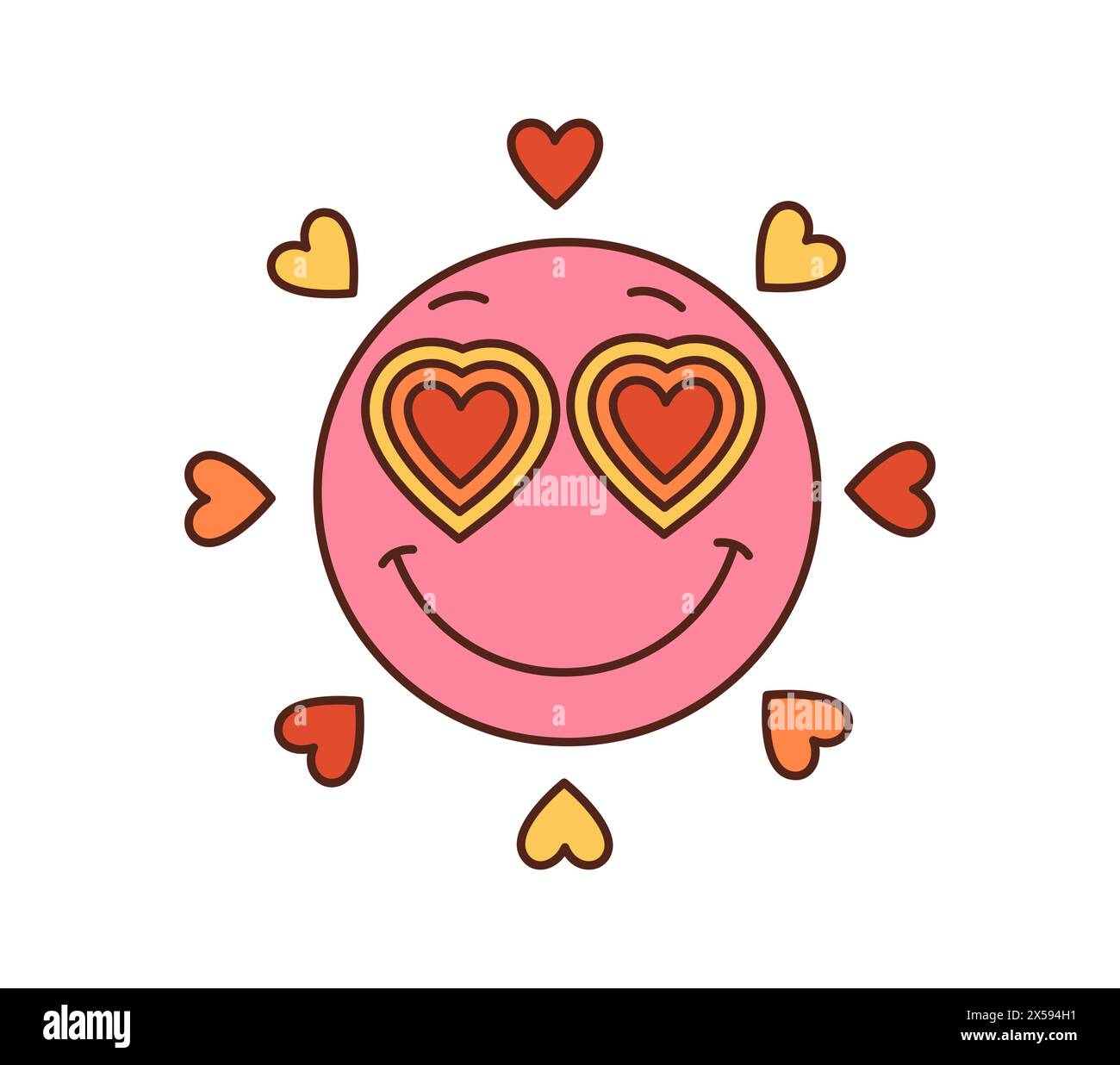 Cartoon retro groovy hippie love smile face in heart sunglasses, vector ...
