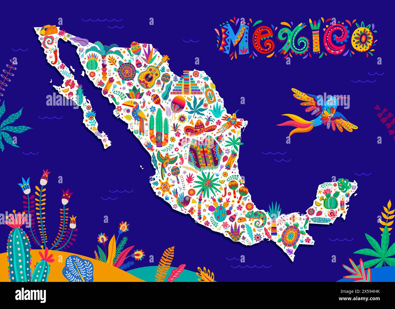 Mexico map with Mexican national symbols, landmarks and cuisine food ...