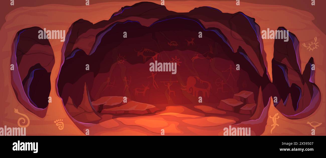 Cave painting. Vector dark cavern with dim red glow and wall, adorned ...