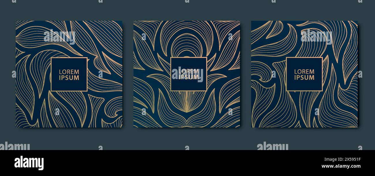 Vector set of art deco line leaf patterns, gold background, luxury abstract plant texture ...