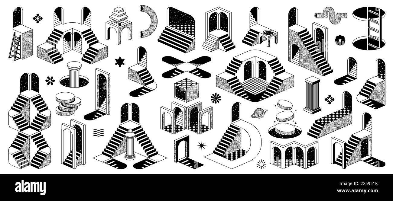 Psychedelic trippy y2k elements and surreal vector icons of stairs and ...
