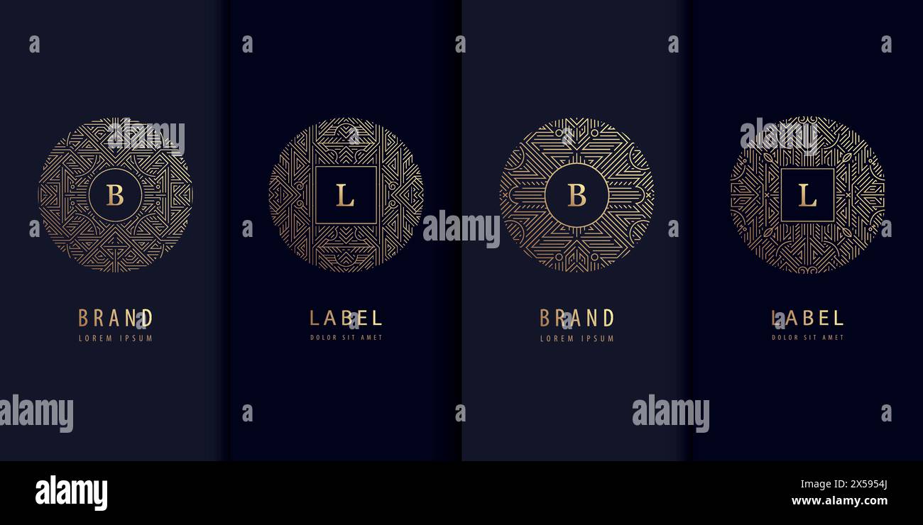 Vector set of art deco round logos with letter inside. Golden wine ...