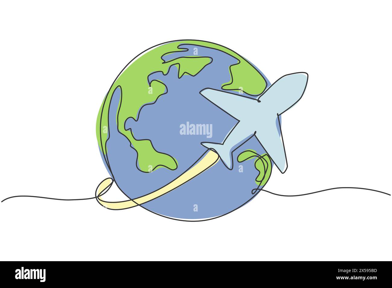 Single one line drawing of airplane fly through the sky. Globe icon ...