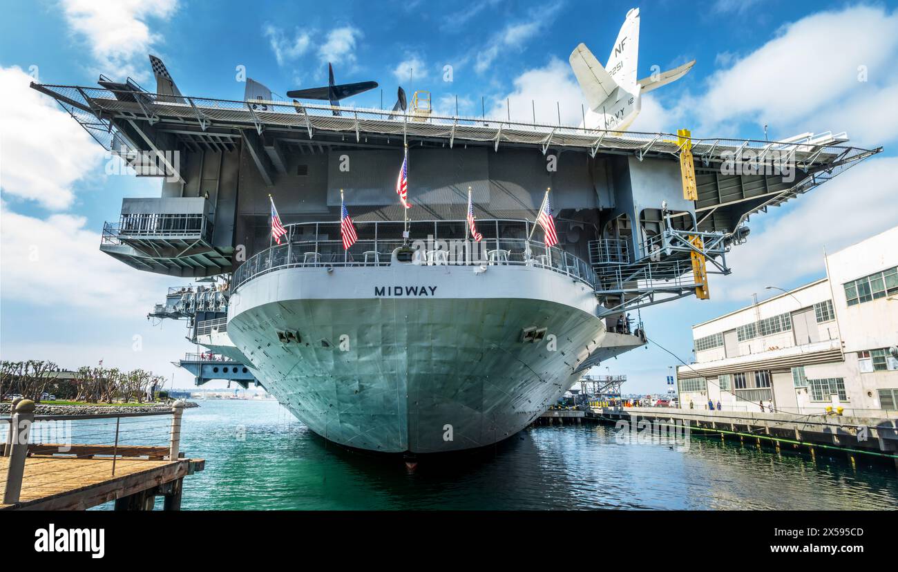 American flags at the stern of the USS Midway in San Diego, California ...