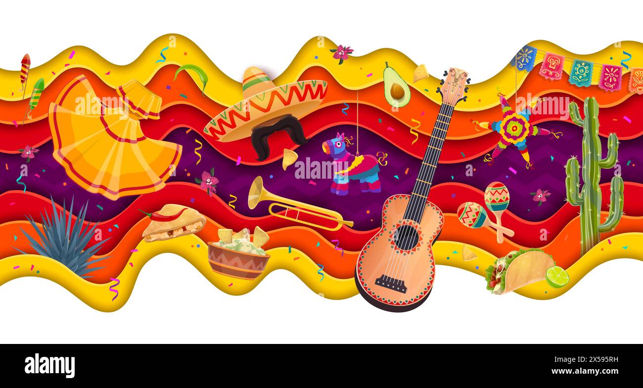 Mexican carnival paper cut banner for holiday fiesta with sombrero and ...