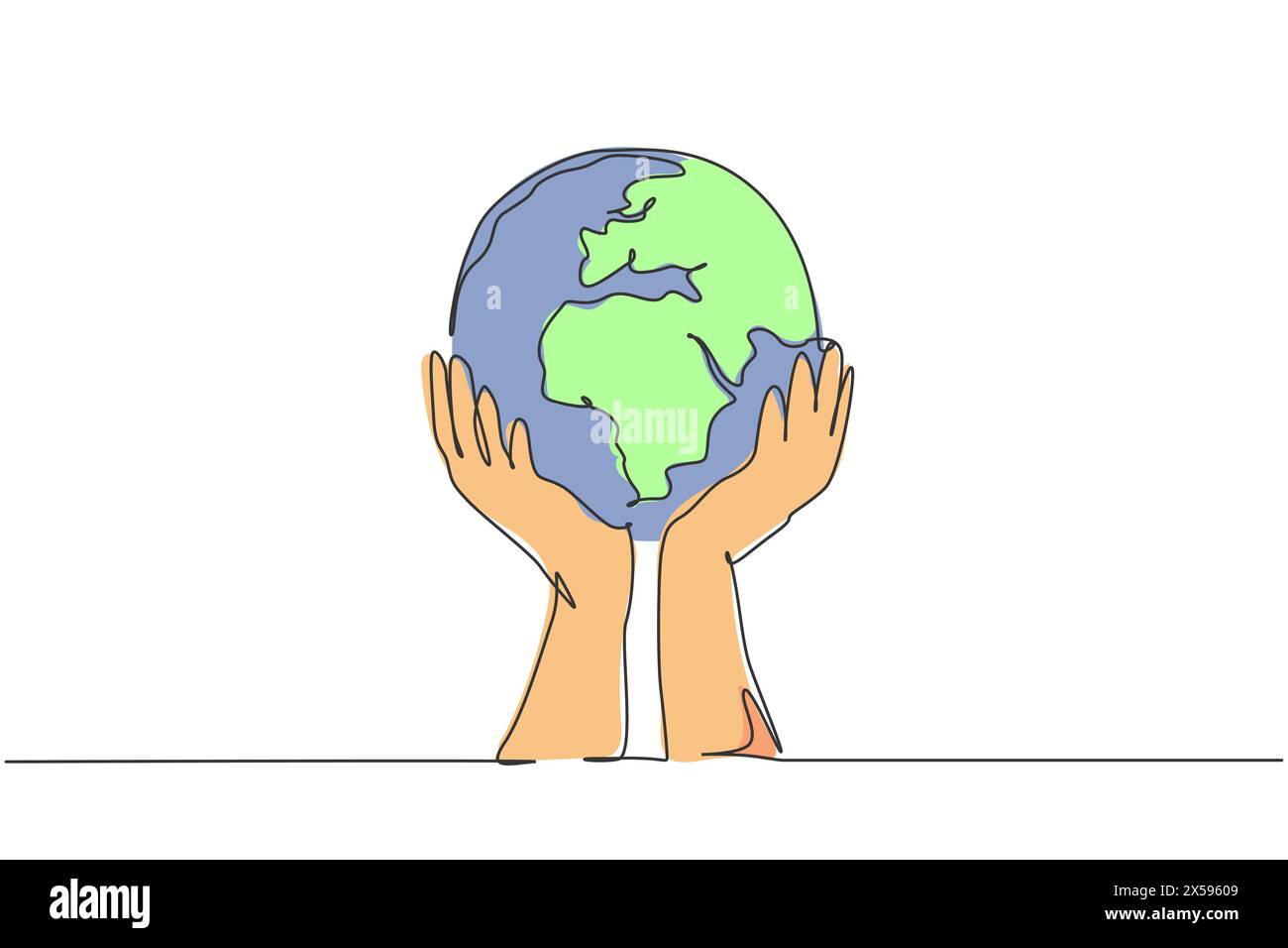 Single one line drawing of man holding global earth. Save nature icon ...