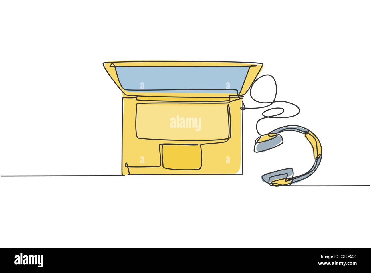 One single line drawing of laptop and classic headphone from top view ...