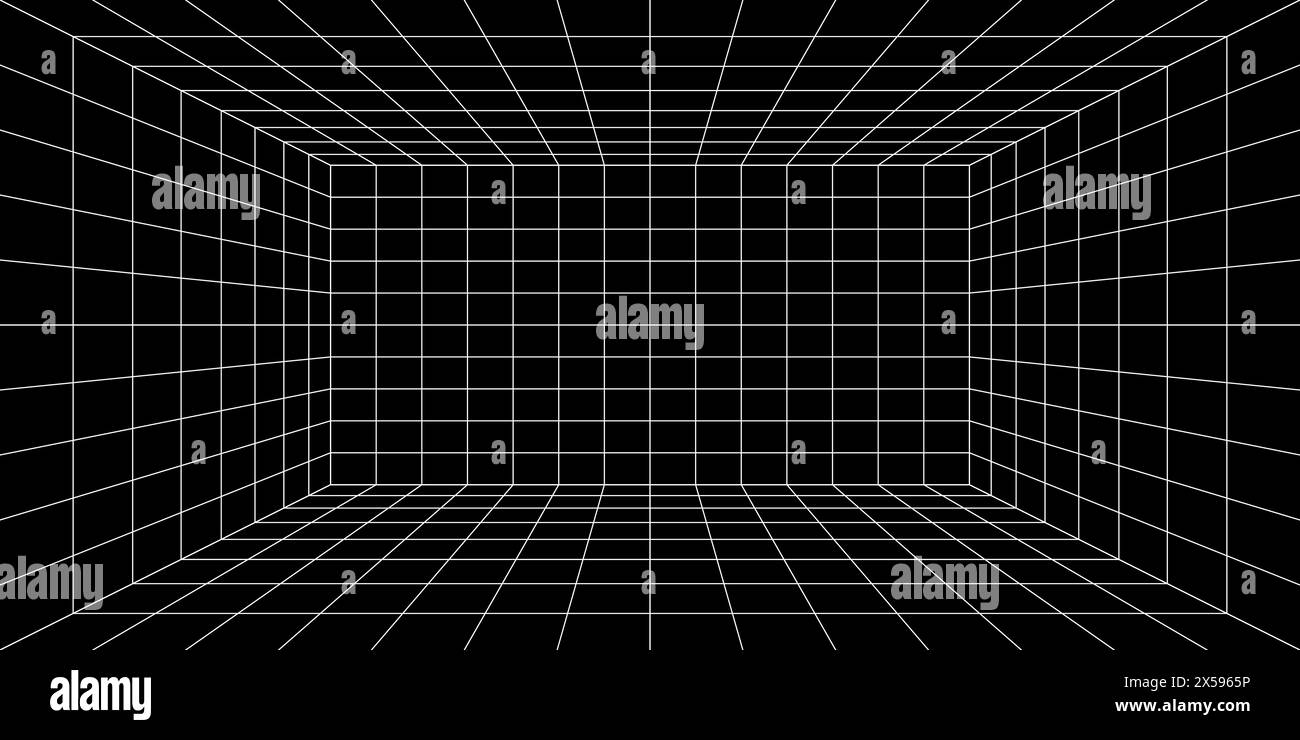 3d grid space. Empty futuristic digital box room, black abstract ...